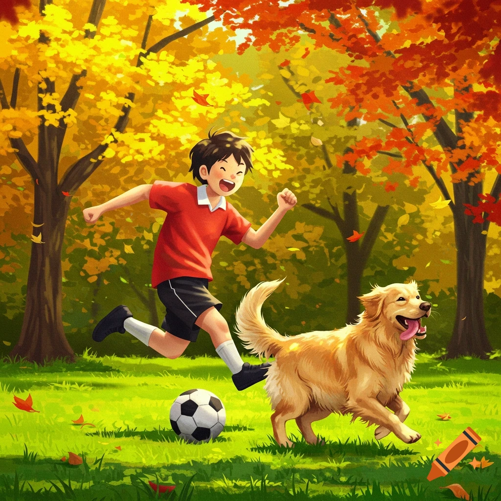An illustration of a boy in a red shirt playing soccer with a golden ...