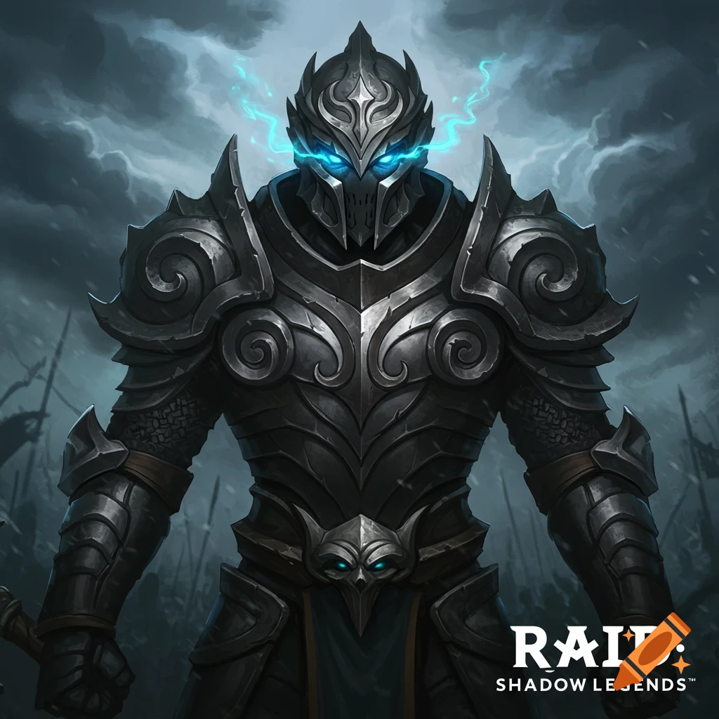 A dark knight in spiky black armor holds a silver trophy against a ...