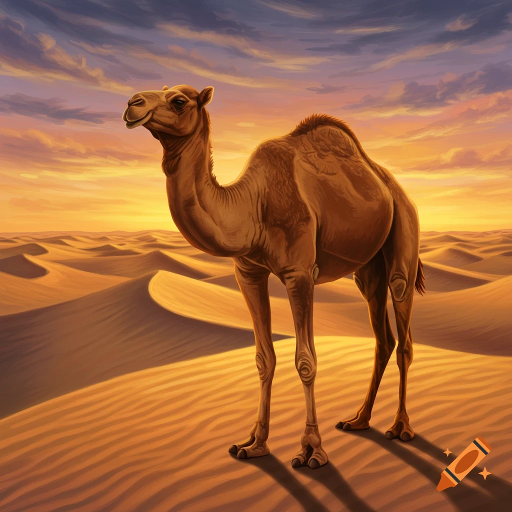 A brown camel stands in a desert with rolling sand dunes under a ...