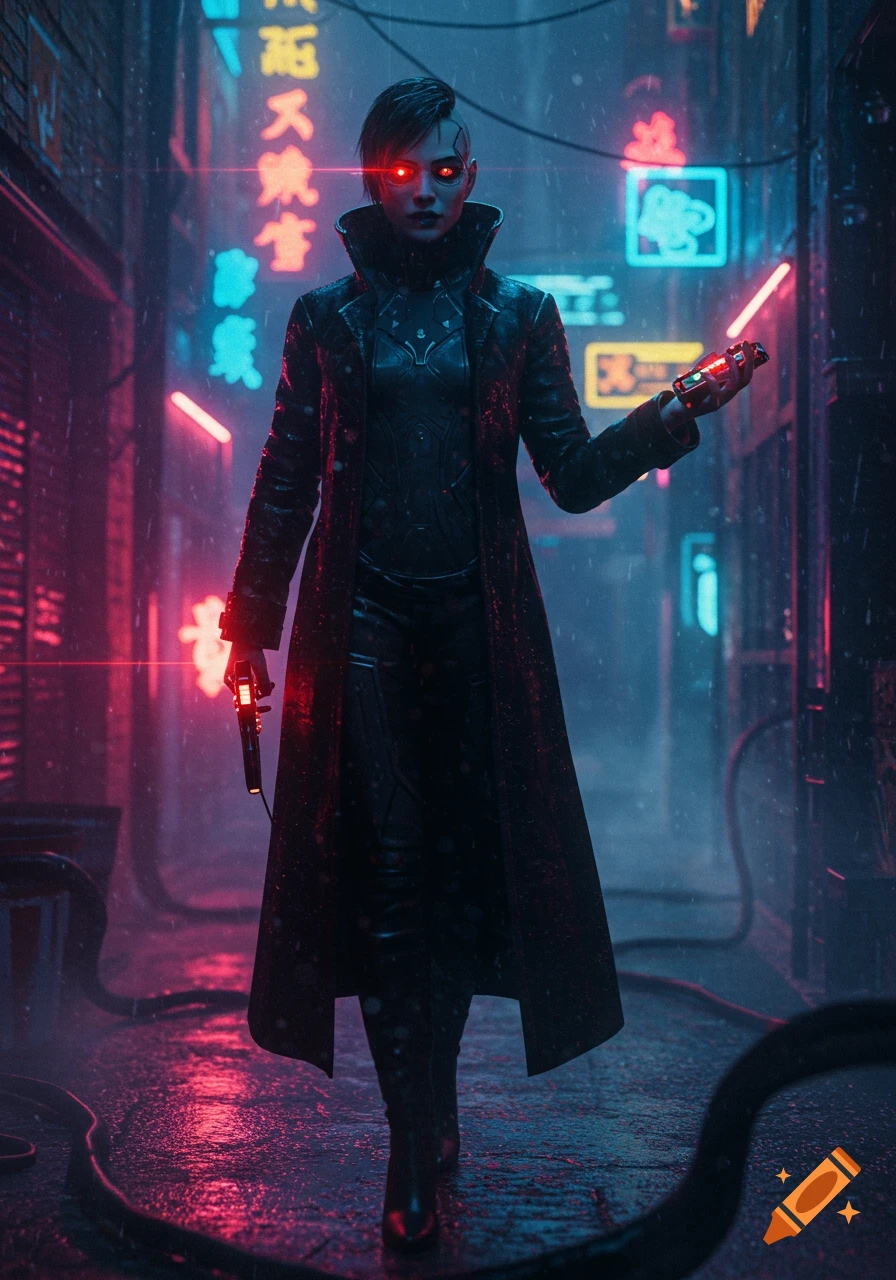 A futuristic female villain with glowing red eyes stands in a rainy ...