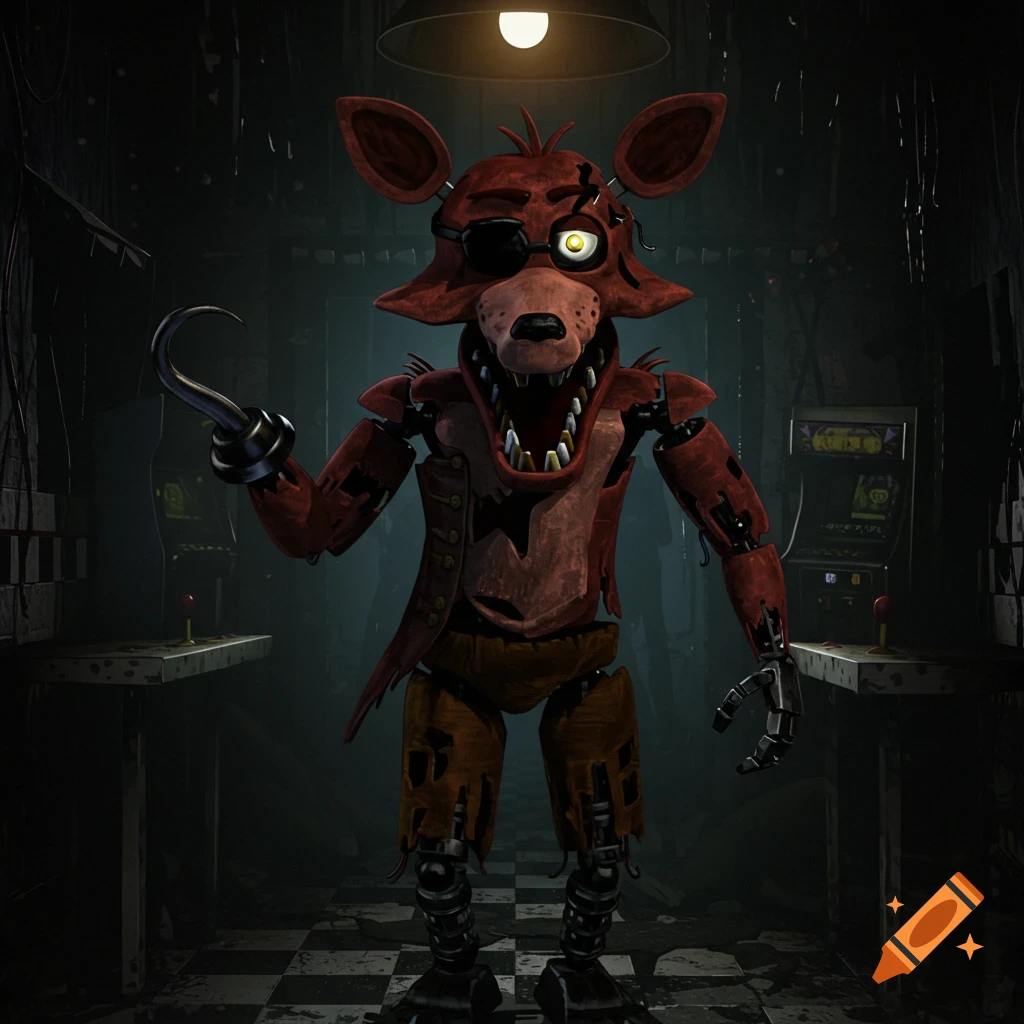 A stylized, cartoony animatronic fox character with an eyepatch and ...