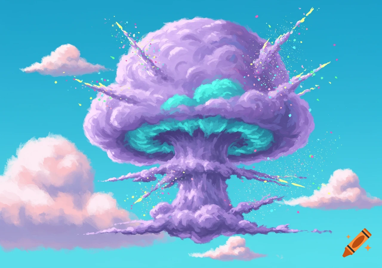 A large mushroom cloud with many stylized babies falling from it, over ...