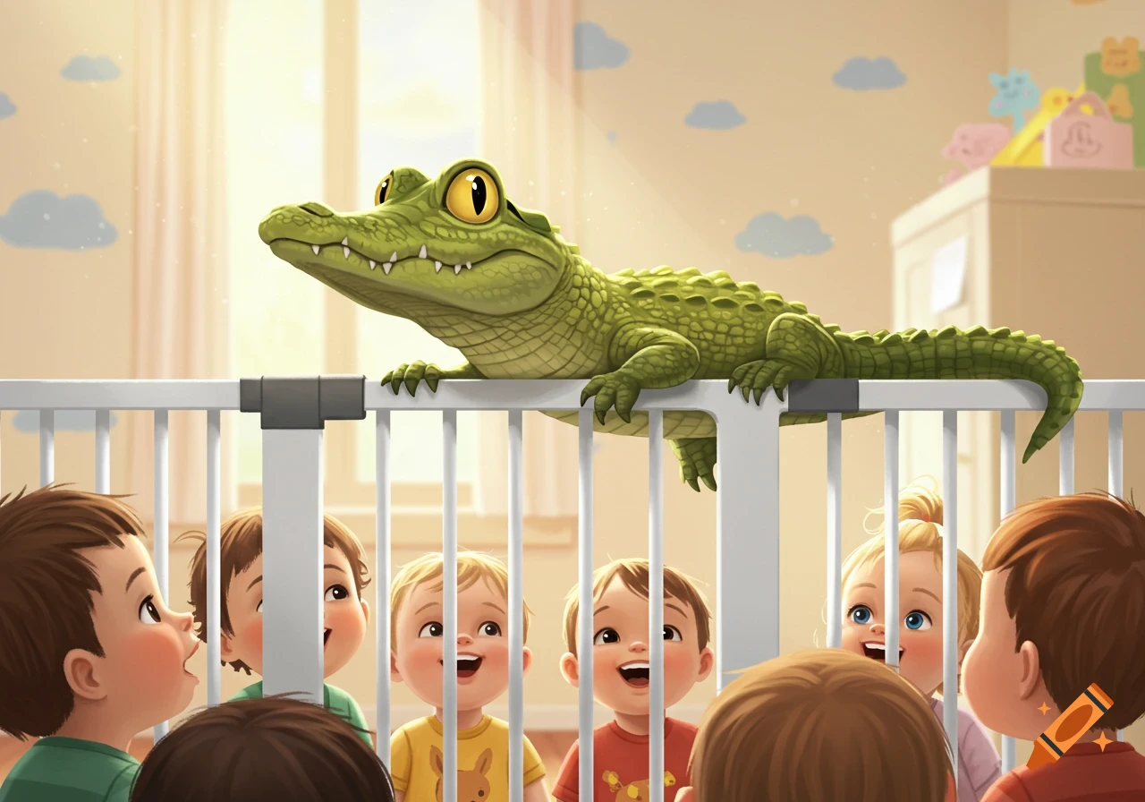 Cartoon baby alligator peeking over a white baby gate at several ...