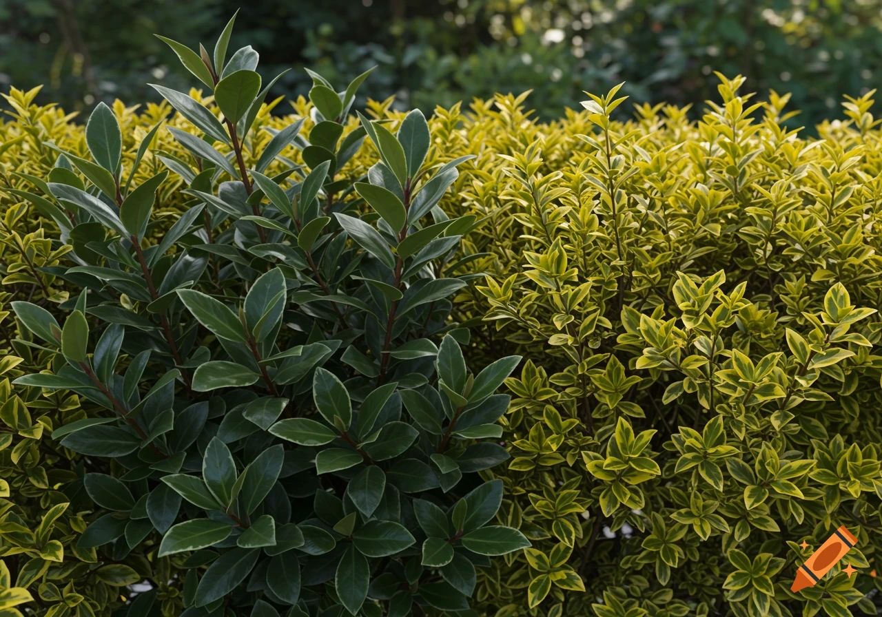 Close-up of a mixed hedge with dark green and variegated golden-yellow ...