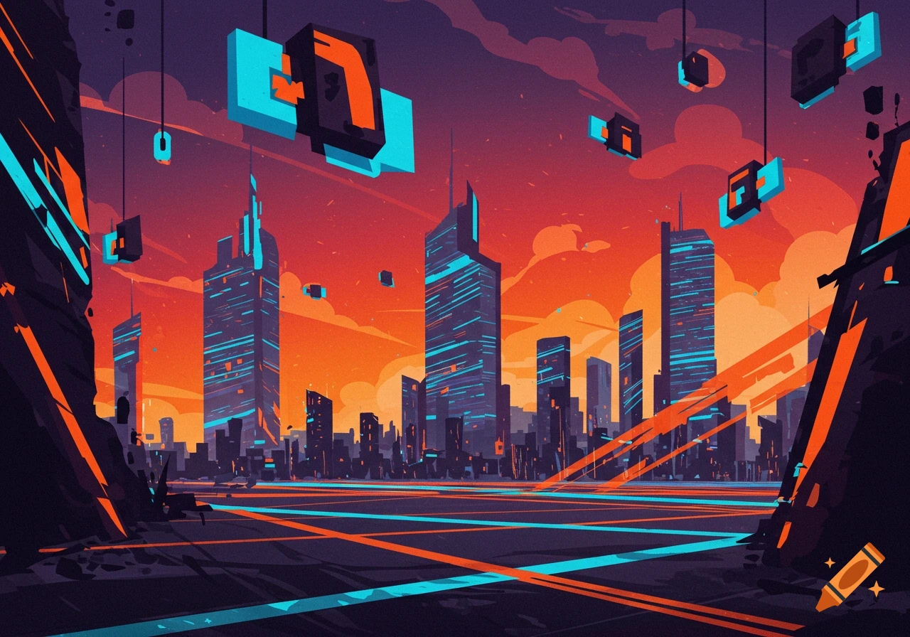 A stylized 2D illustration of a futuristic cityscape at sunset with ...