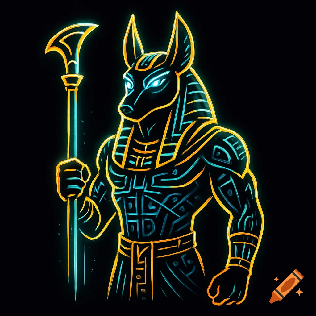 Stylized tattoo design featuring Egyptian deities Anubis, Bastet, and a ...