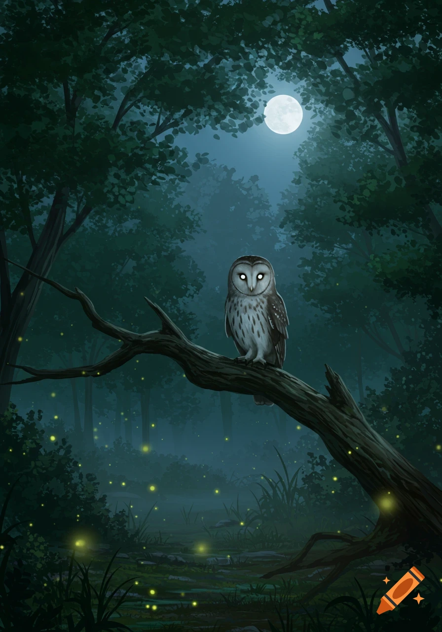A grey owl with bright yellow eyes perched on a bare branch in a dark ...