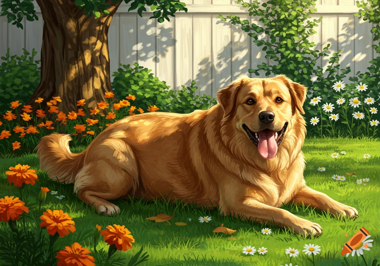 A happy golden retriever lies on green grass in a sunny backyard filled ...