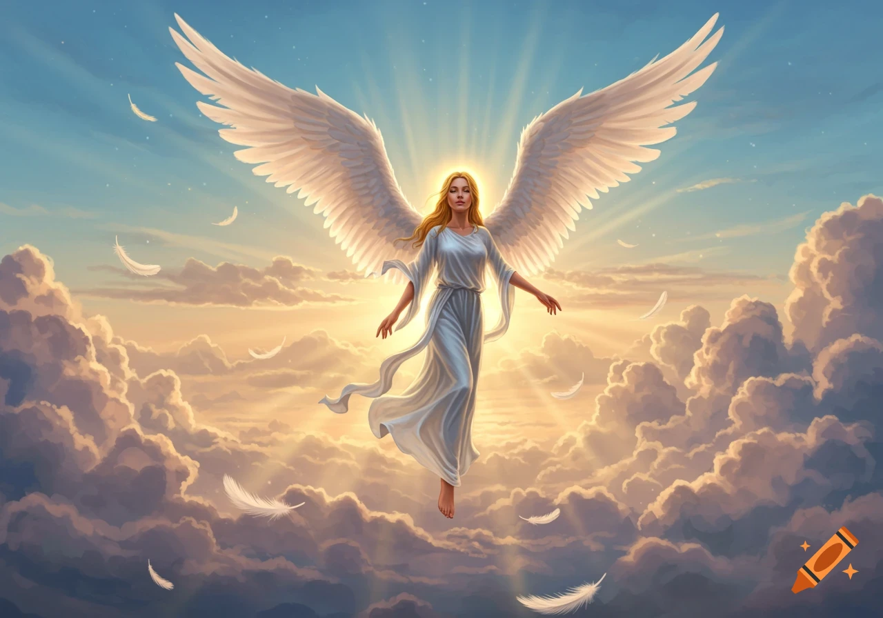 A radiant angel with large white wings and a flowing white gown stands ...