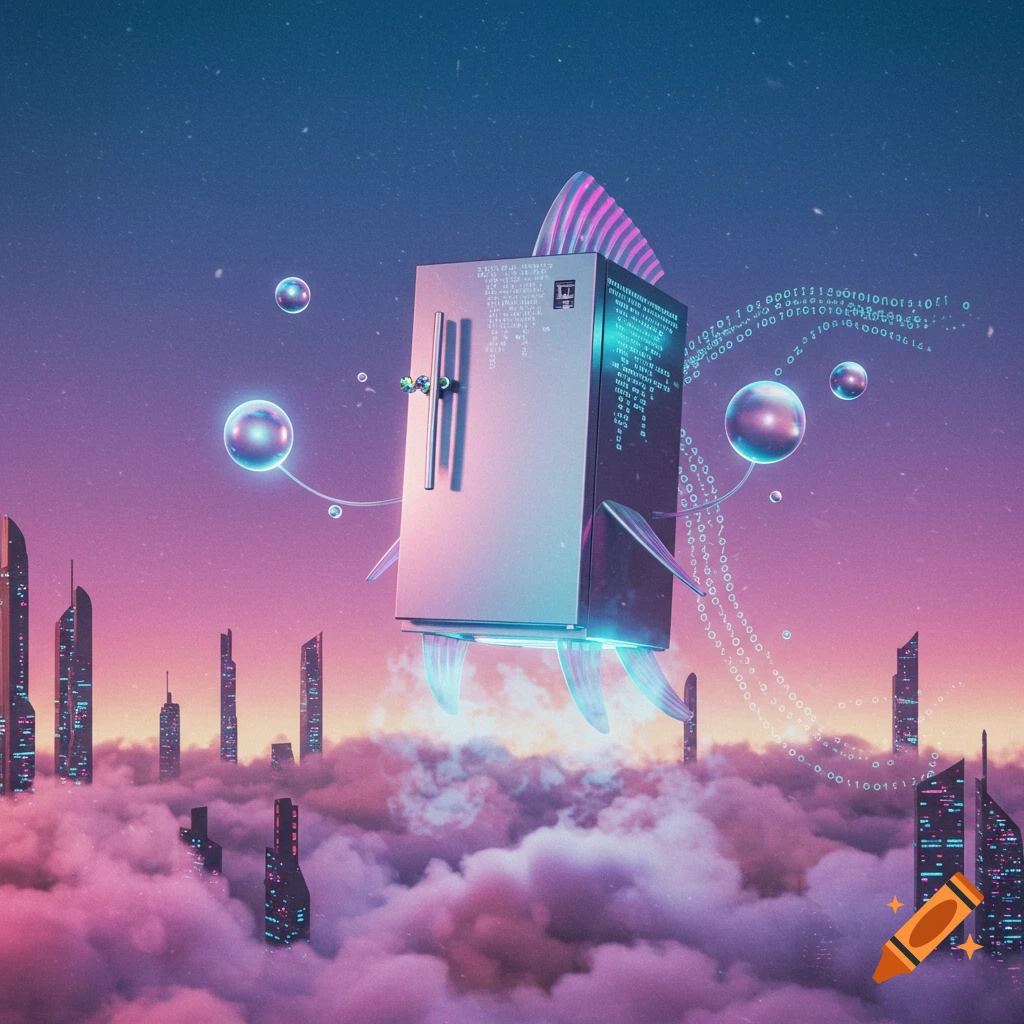 A surreal, futuristic flying refrigerator with binary code glowing on ...