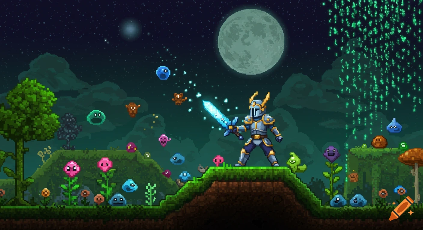 A pixel art knight with a glowing sword battles colorful slimes in a ...