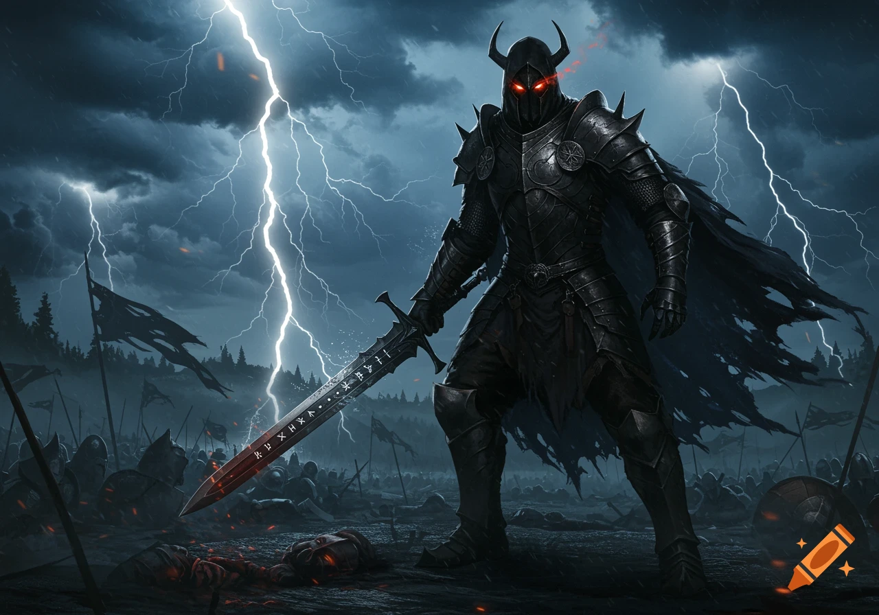 A dark hooded figure stands against a dramatic sunset, holding two ...