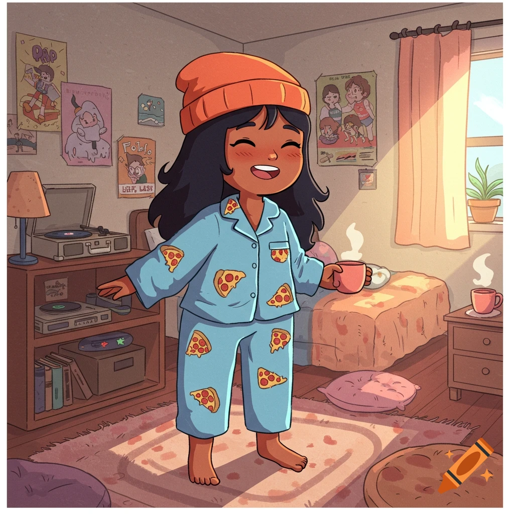 Cartoon illustration of a girl with tan skin and an orange beanie ...