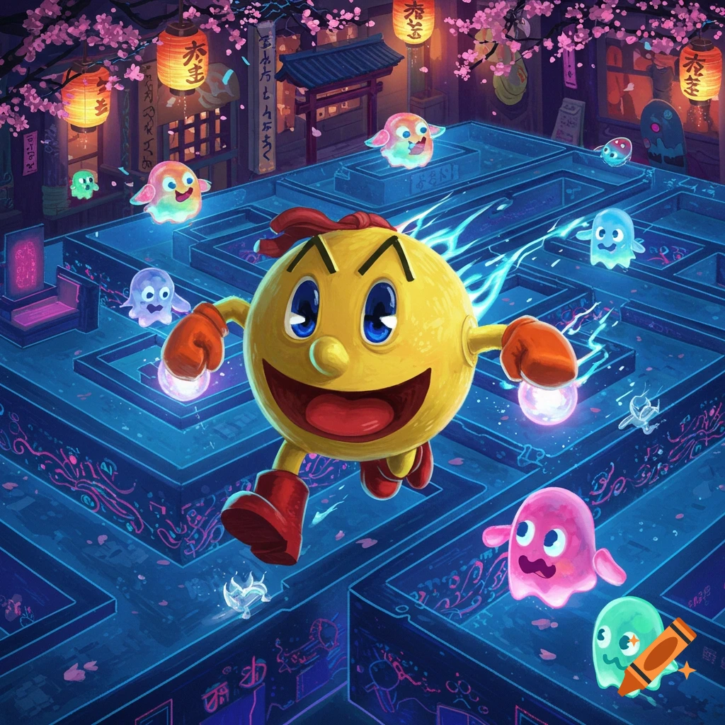 Pac-Man with a wide grin runs through a neon maze with four colorful ...