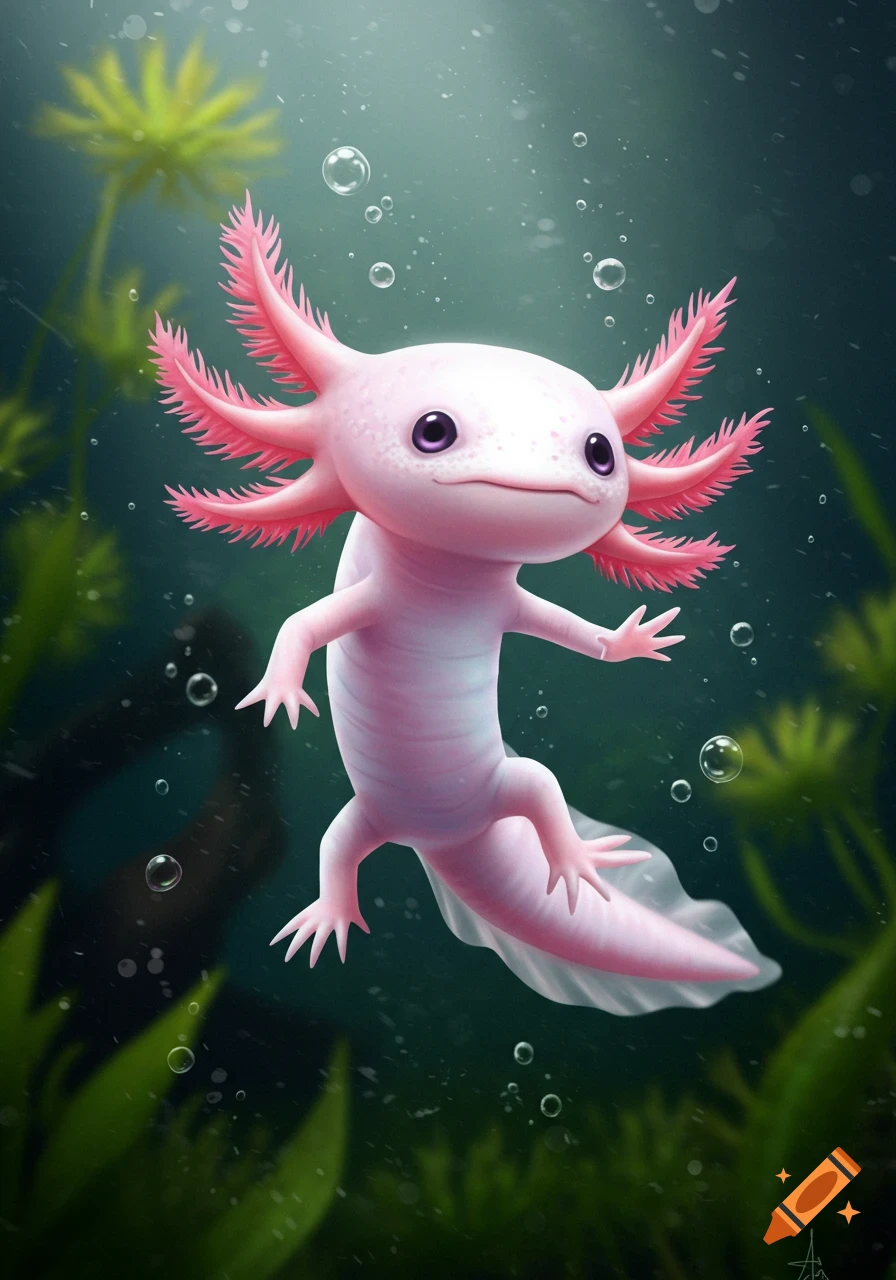 Four pink axolotls swim in clear blue water with sunlight streaming ...