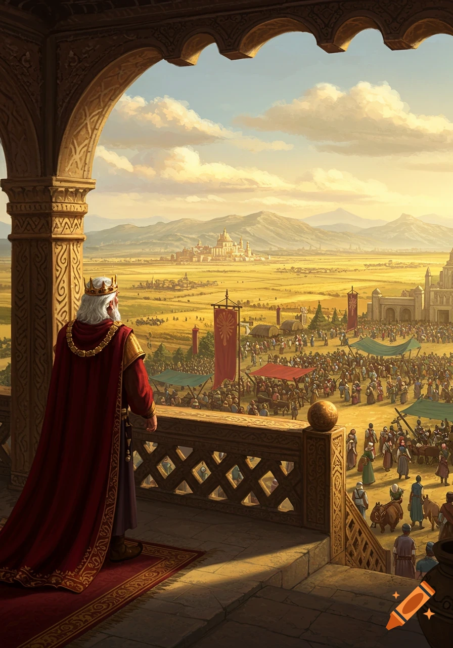 A majestic king in ornate robes and crown stands on a castle tower ...