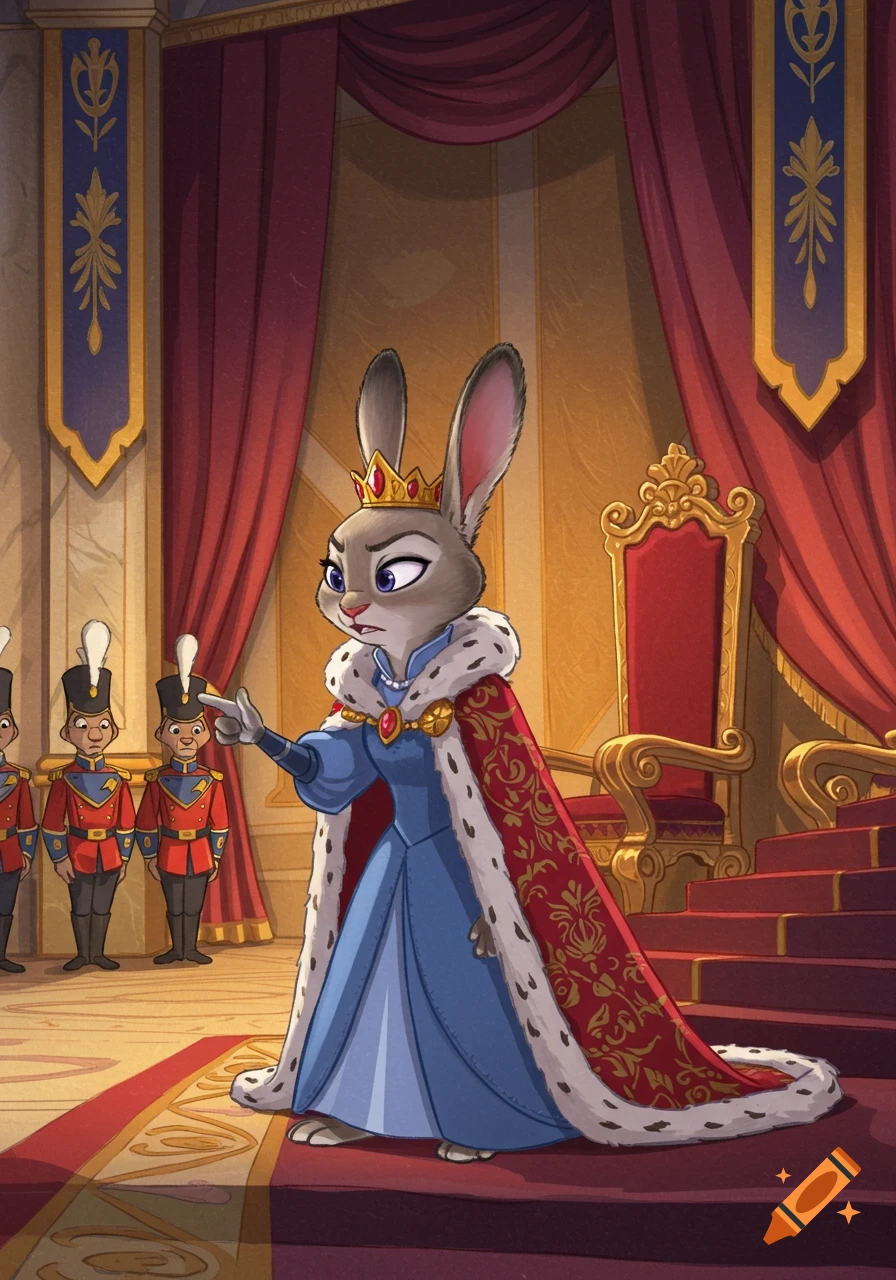 A cartoon rabbit queen, Judy Hopps, wearing a blue gown and red fur ...