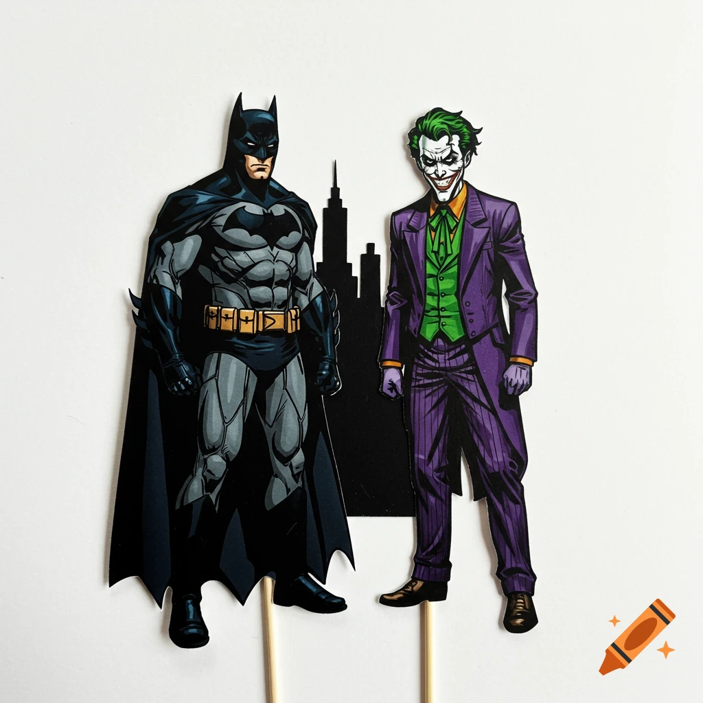 Cutout comic book style figures of Batman and Joker with Gotham City ...
