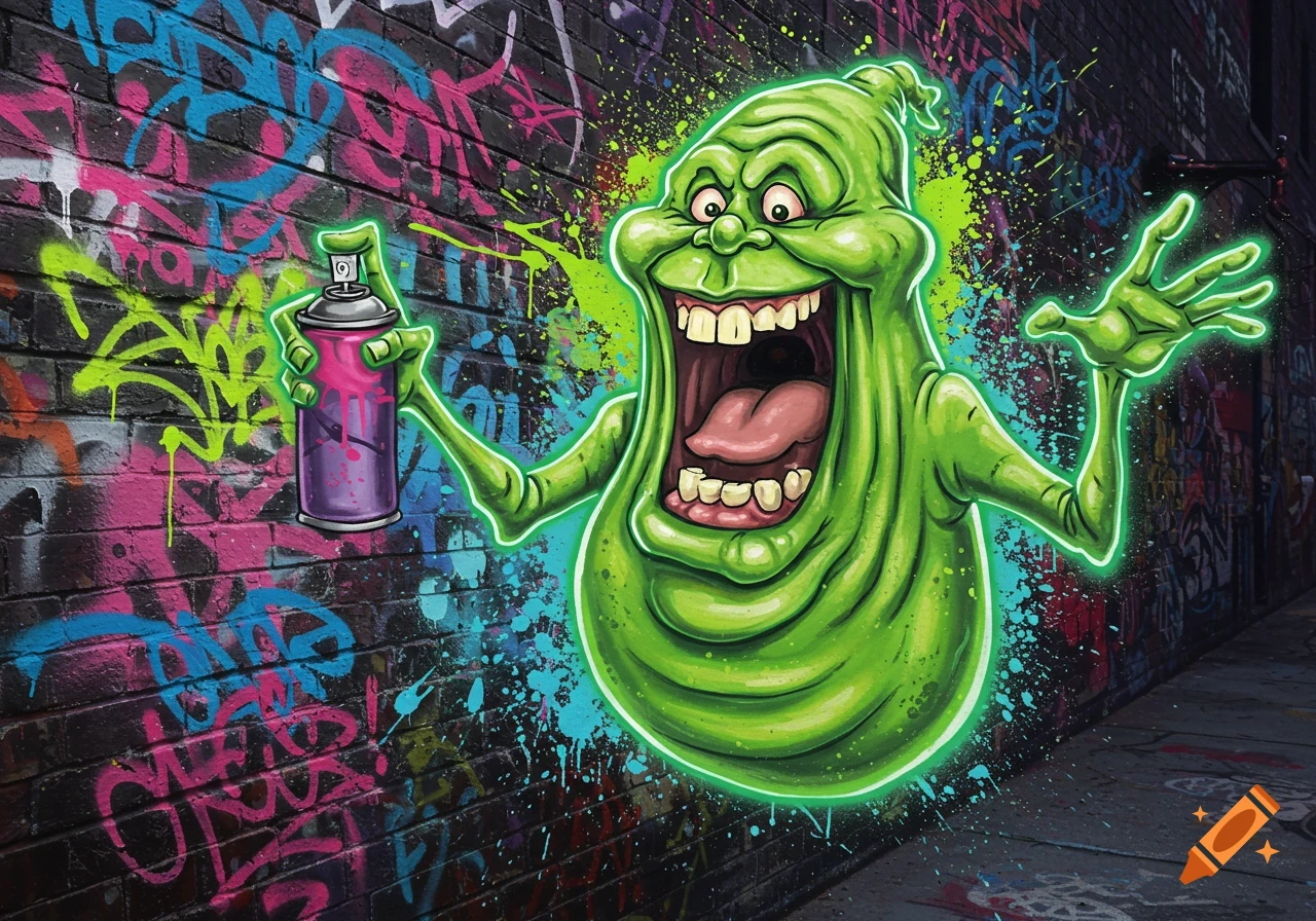 A stylized cartoon image of a green monster resembling Slimer from ...