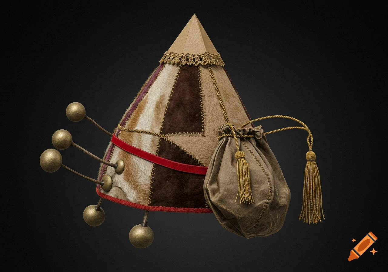 A pyramid-shaped hat made of patchwork fur and leather, adorned with a ...