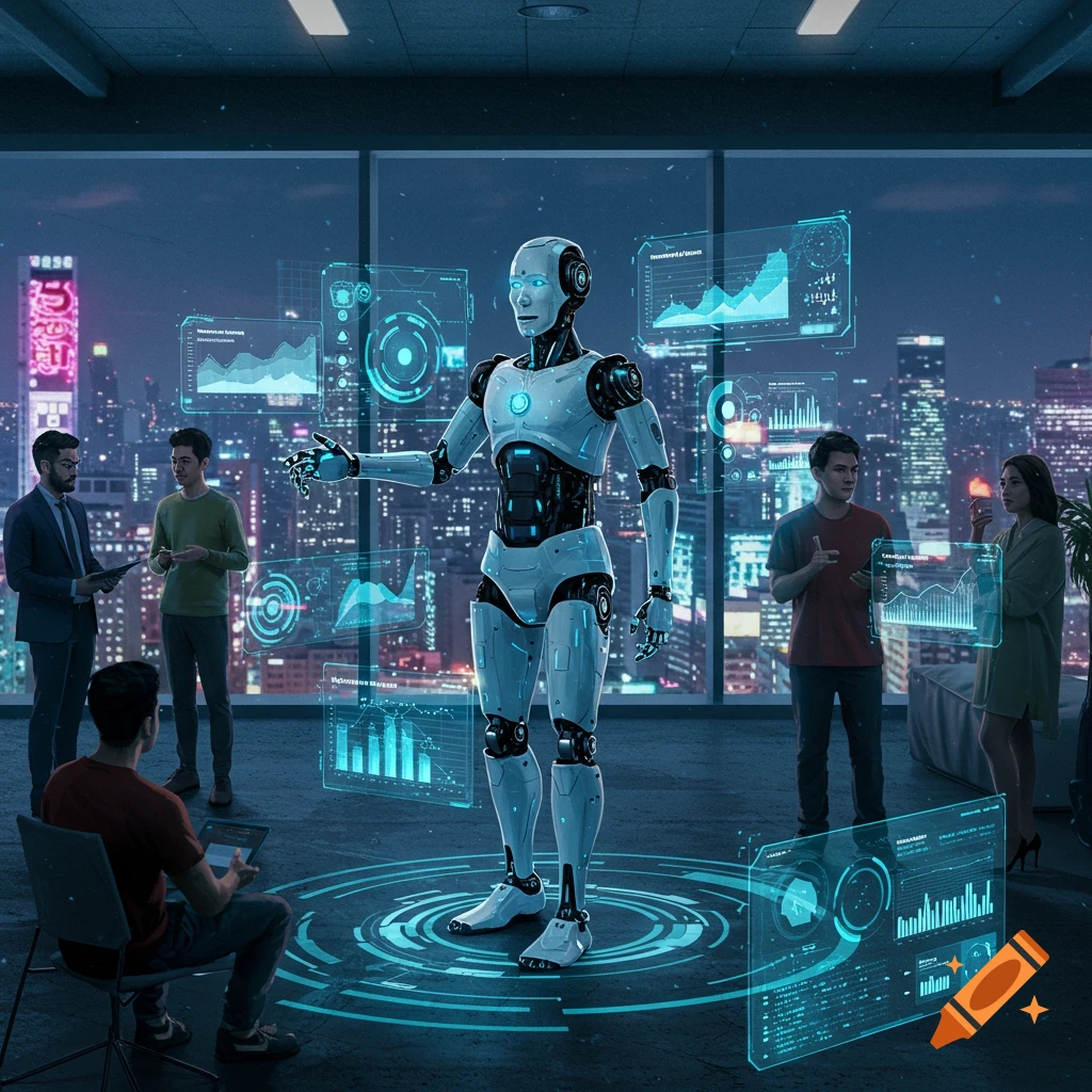 A white robot teacher instructs children using holographic screens in a ...