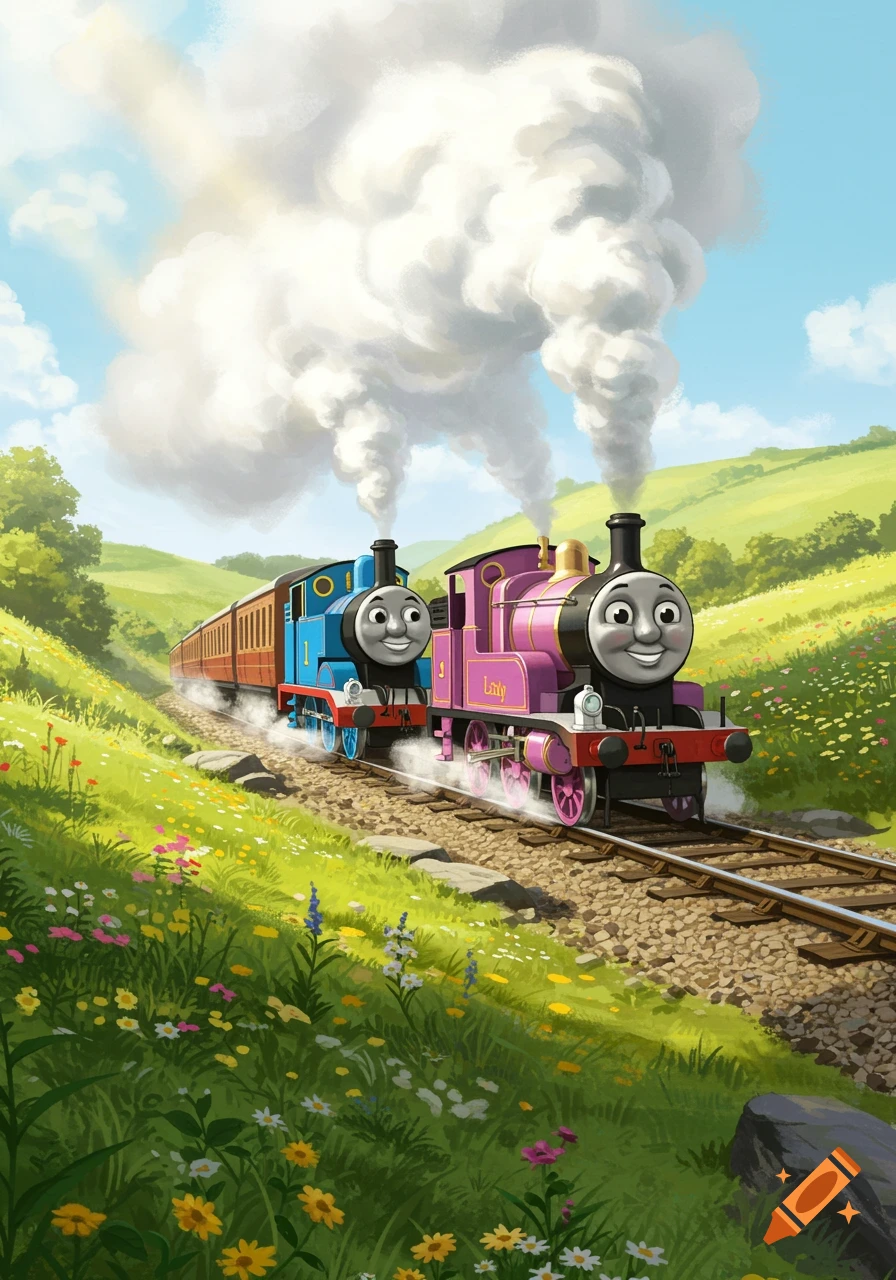 Thomas the blue train and Percy the green train smile side-by-side on ...