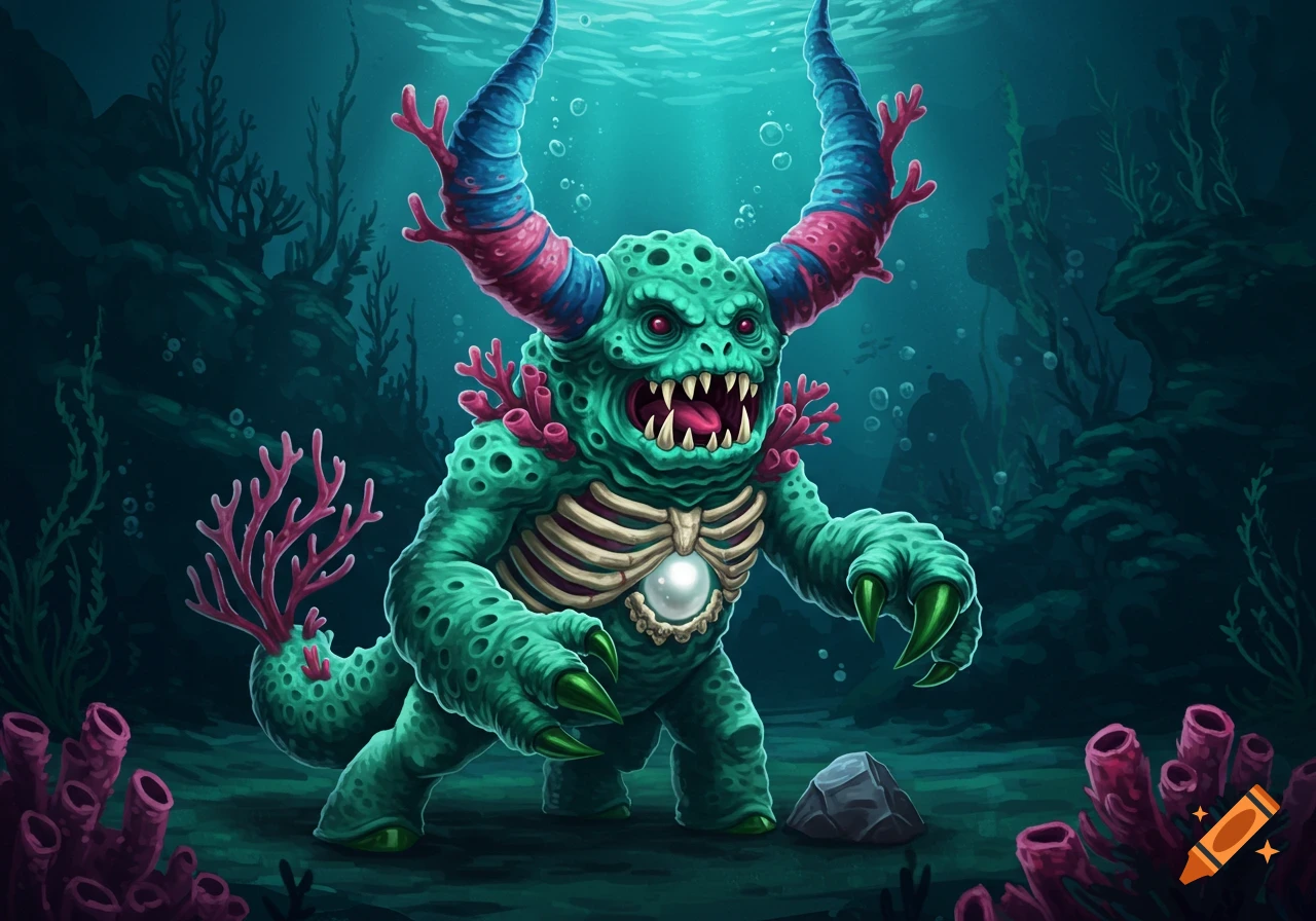 A teal sea monster with large blue and pink coral horns, sharp teeth ...