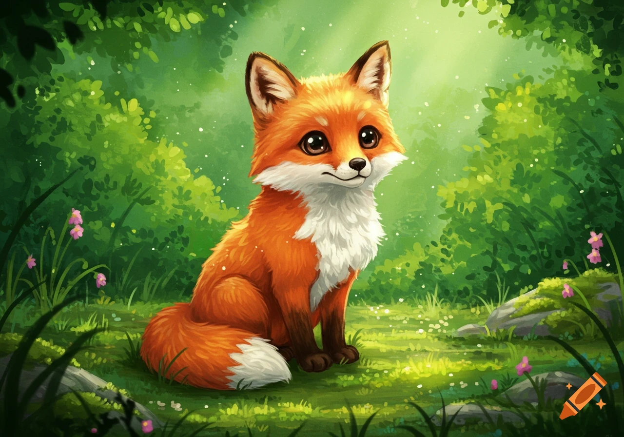 A friendly cartoon fox with a fluffy white-tipped tail smiles in a ...