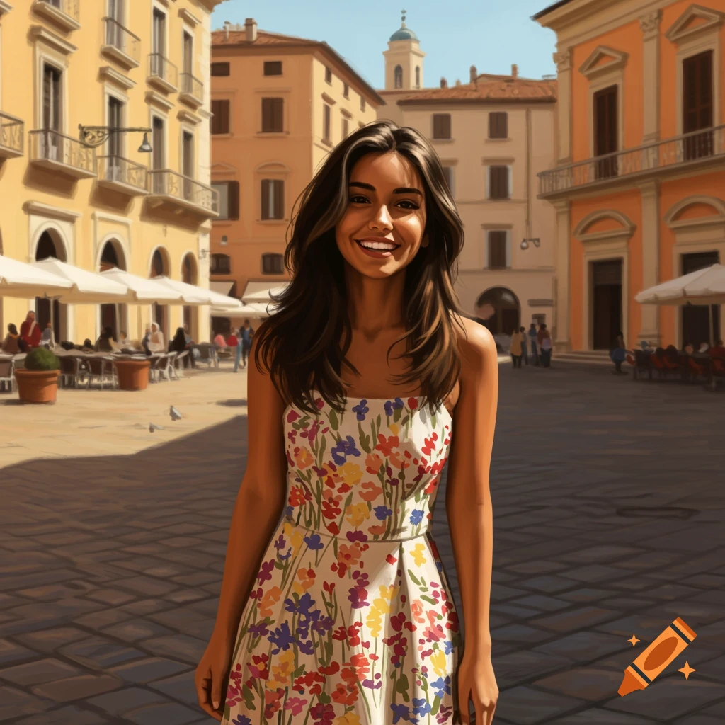 A smiling woman in a colorful floral dress stands in a sunny Italian ...