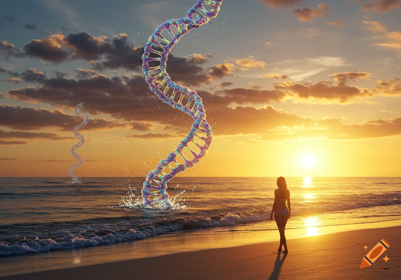 A large, colorful DNA double helix rises from the ocean as a woman ...