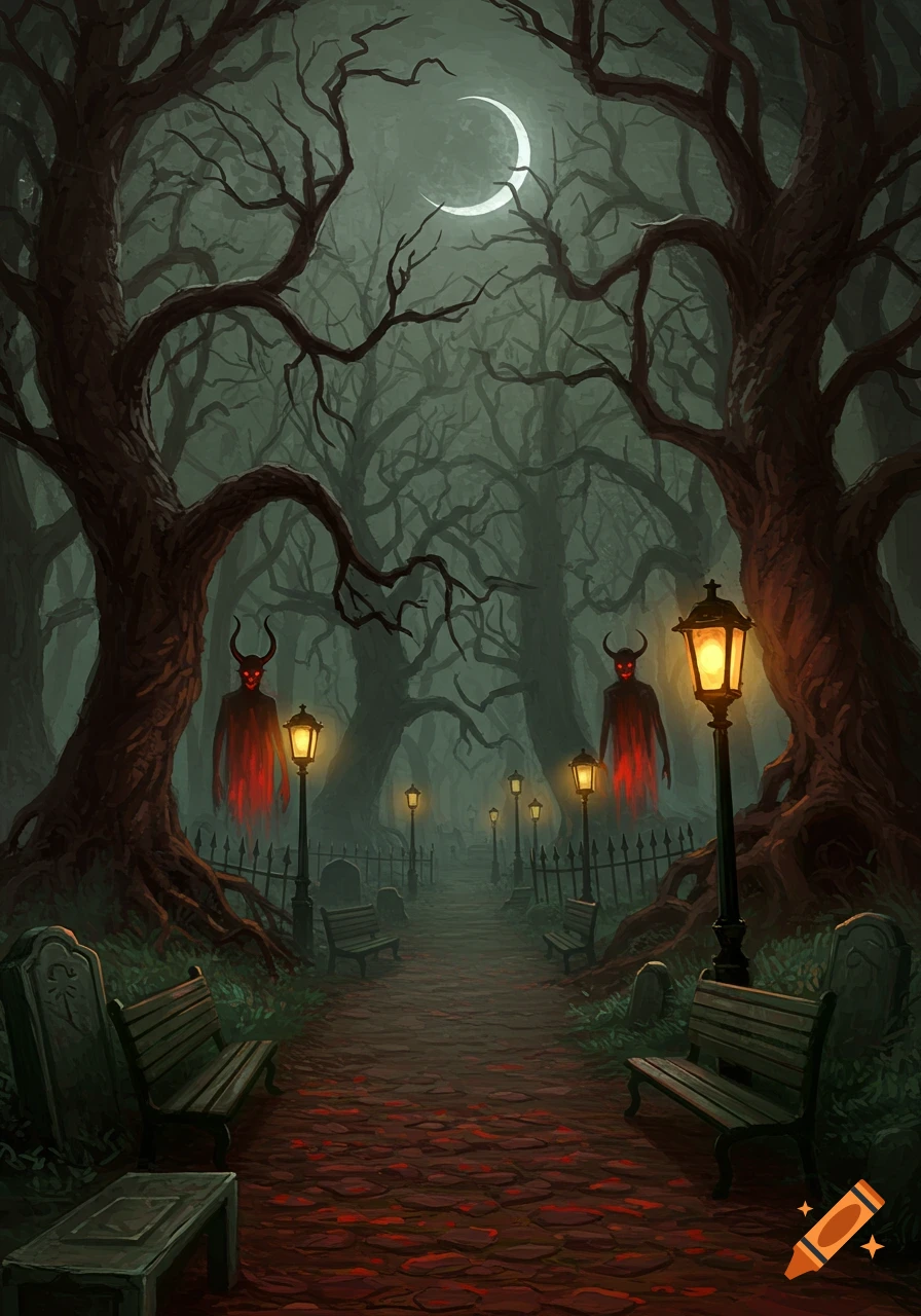 Gothic illustration of a dark, eerie forest path with twisted trees ...