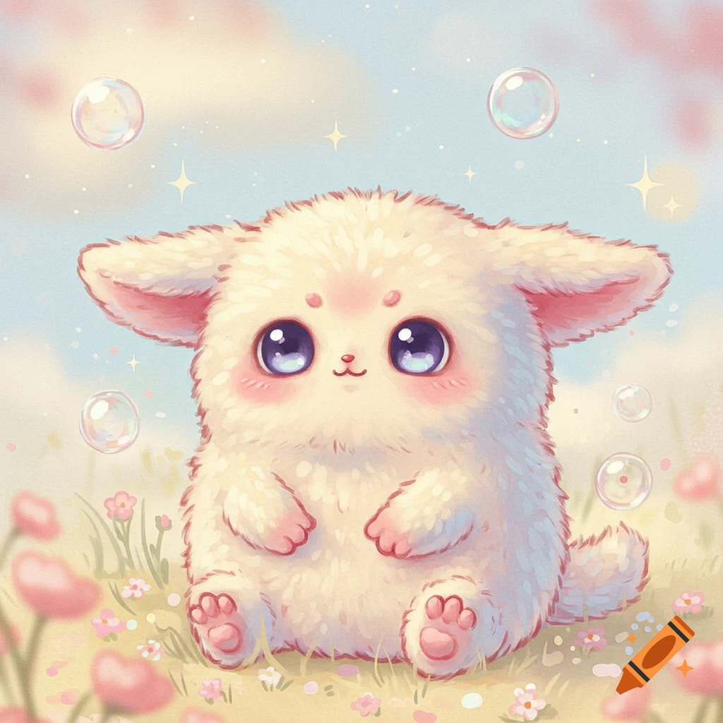 A fluffy blue creature with large eyes and pink cheeks sits in the ...