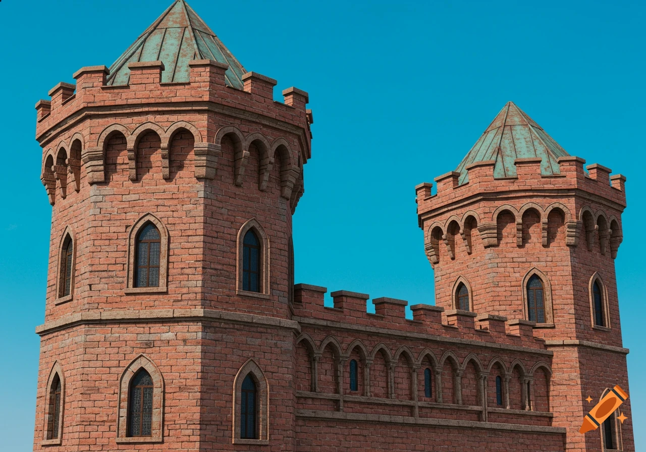 Two red brick castle towers with green conical roofs and battlements ...