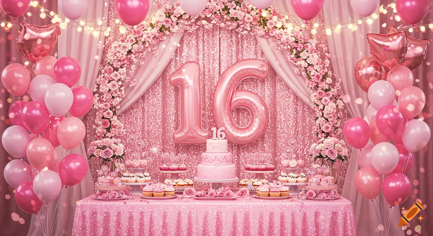 A photorealistic pink-themed 16th birthday party backdrop with large ...