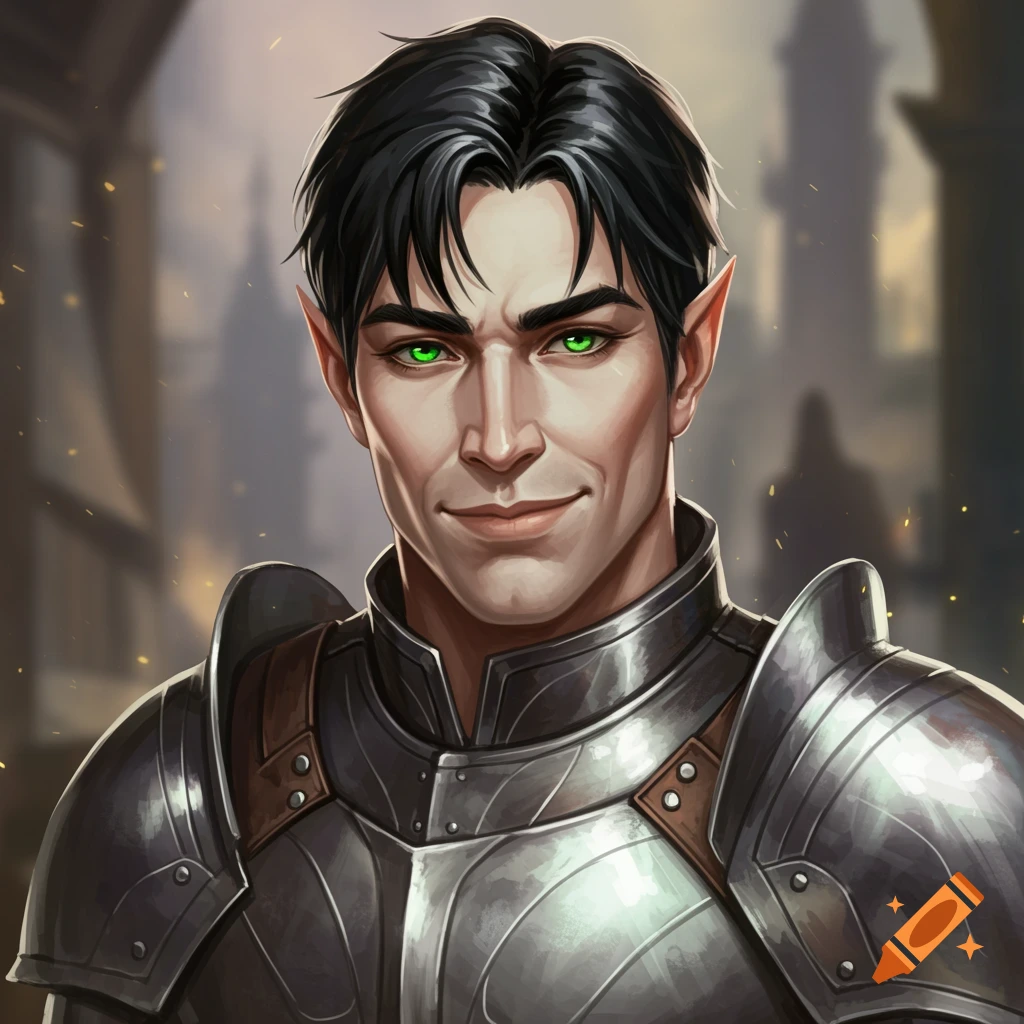 A fantasy male character with dark hair, pointed ears, bright green ...
