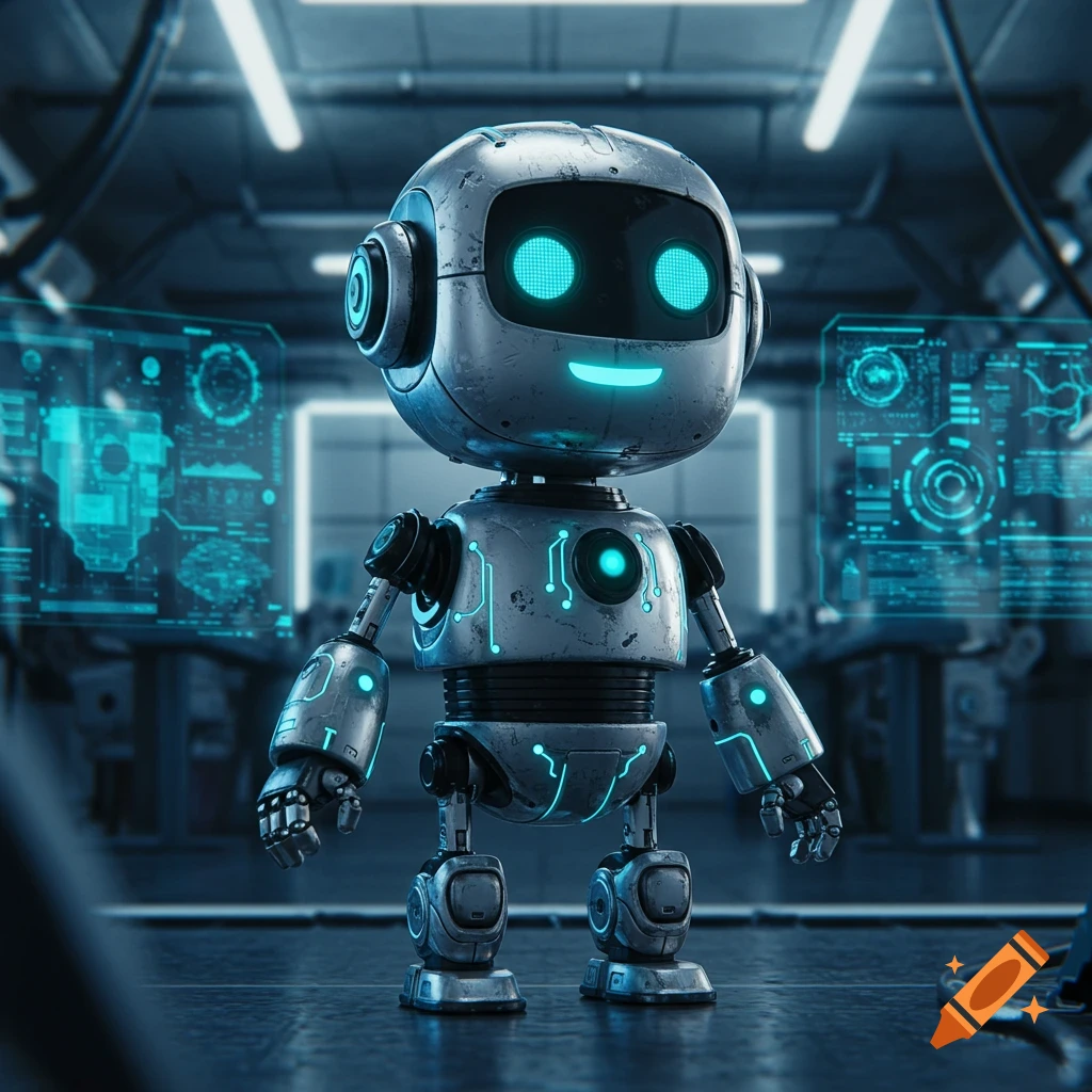 Round, metallic sci-fi robot with blue glowing lights and floating ...