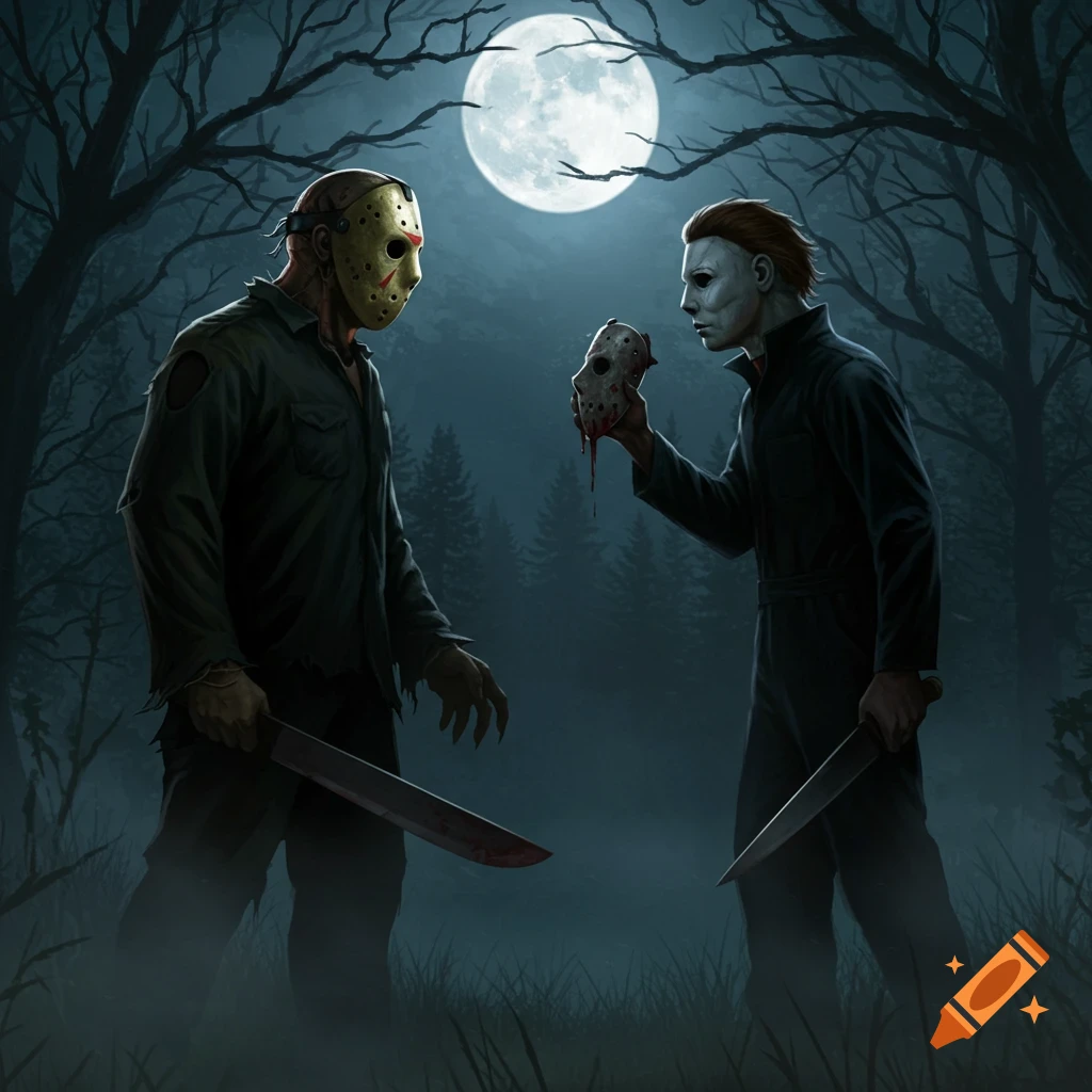 Stylized digital art of Jason Voorhees and Michael Myers facing each other in a moonlit forest ...