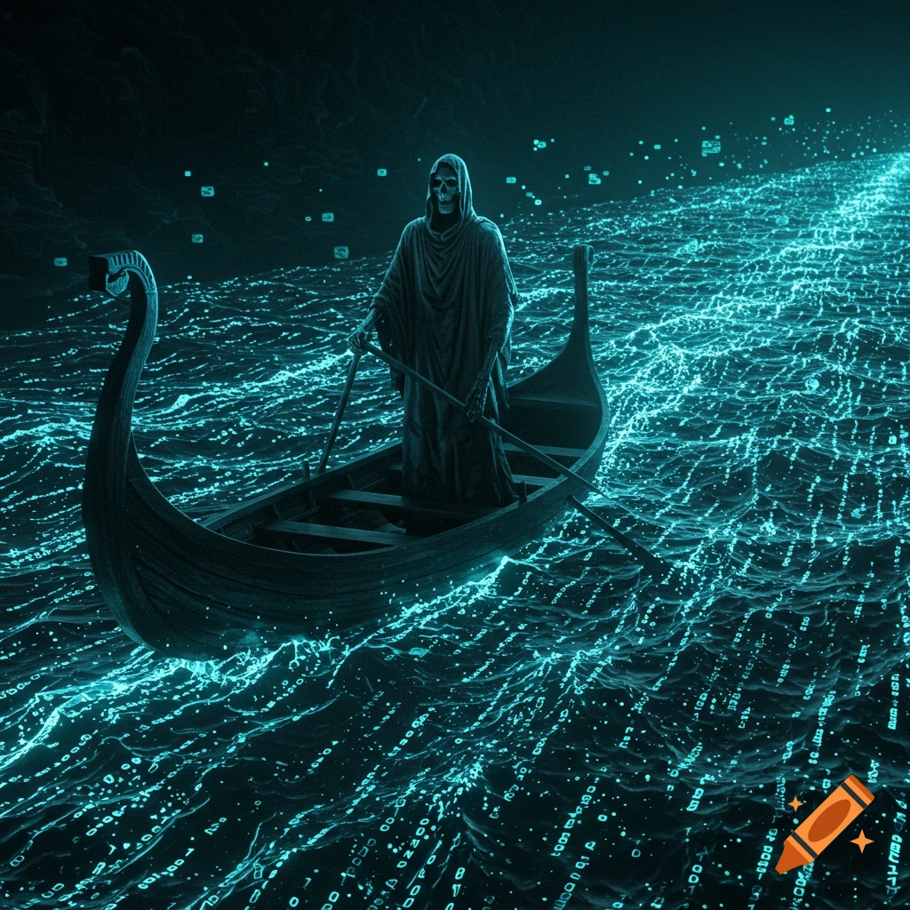 A hooded skeleton figure rows a boat on a neon blue river made of ...