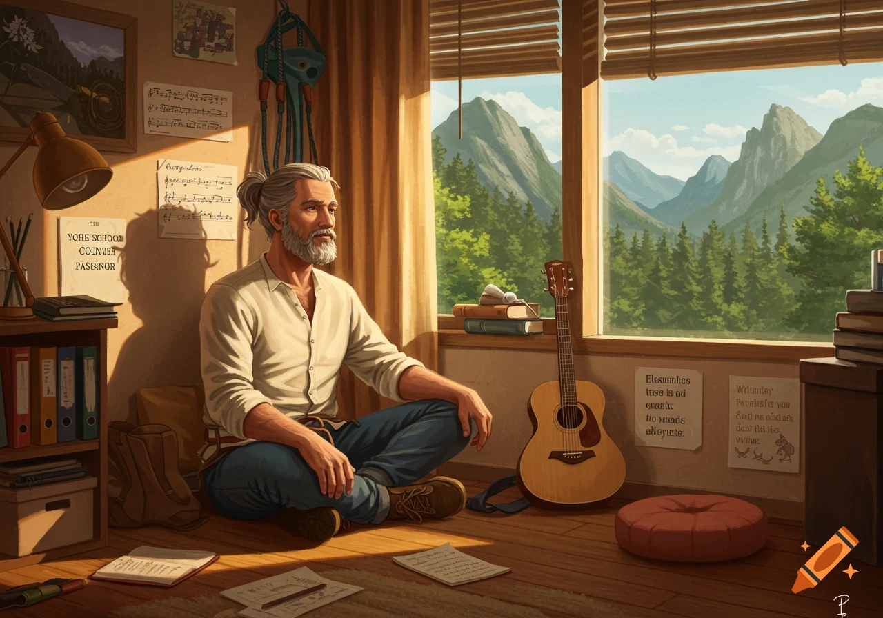 A bald monk in an orange robe meditates on a green hill overlooking ...