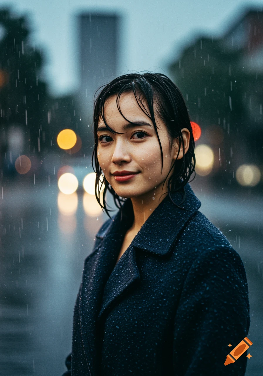 A beautiful Asian woman with long black hair partially covering her smiling face, wearing a ...