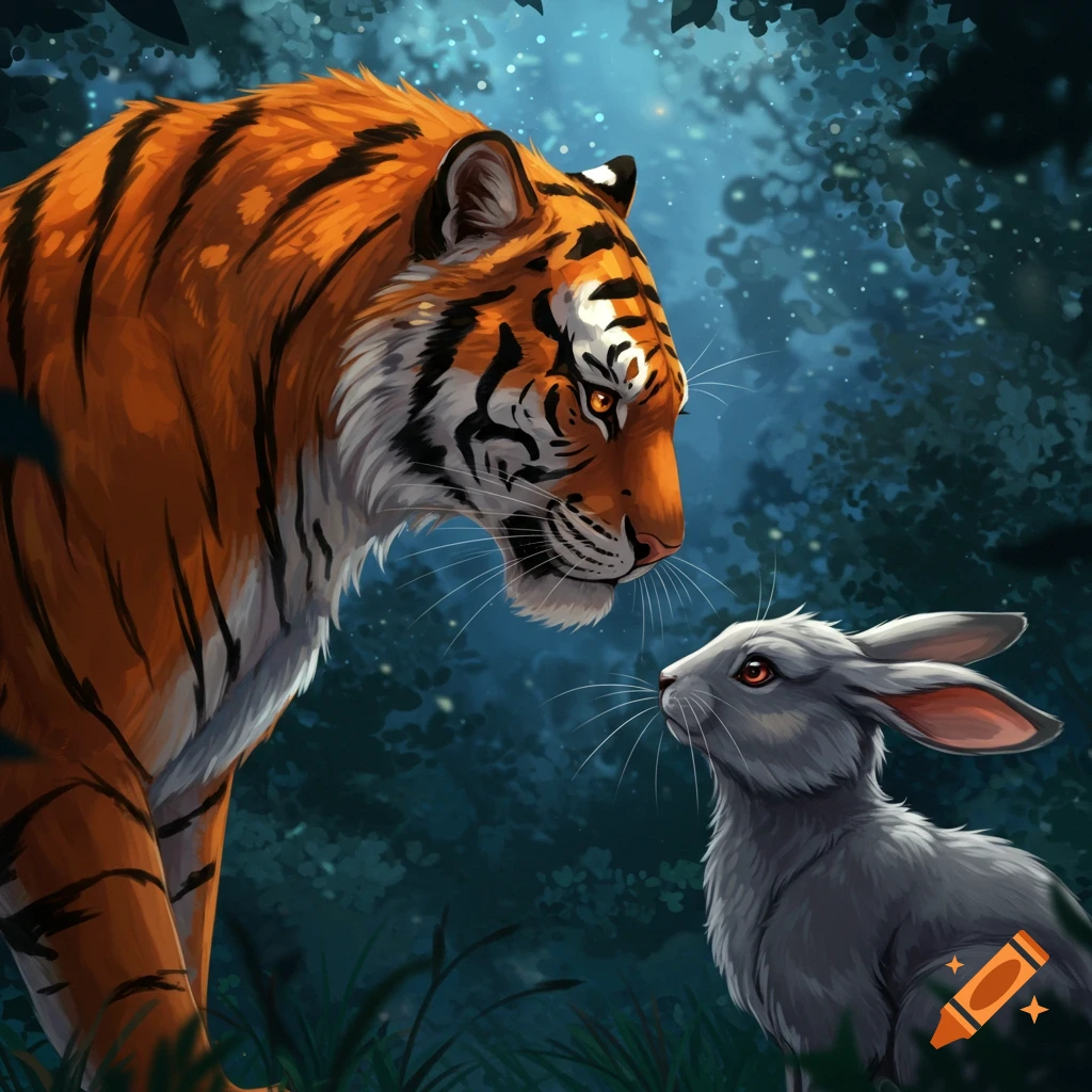 Digital art of a tiger and a rabbit looking face to face in a dark, glowing forest at night. on ...