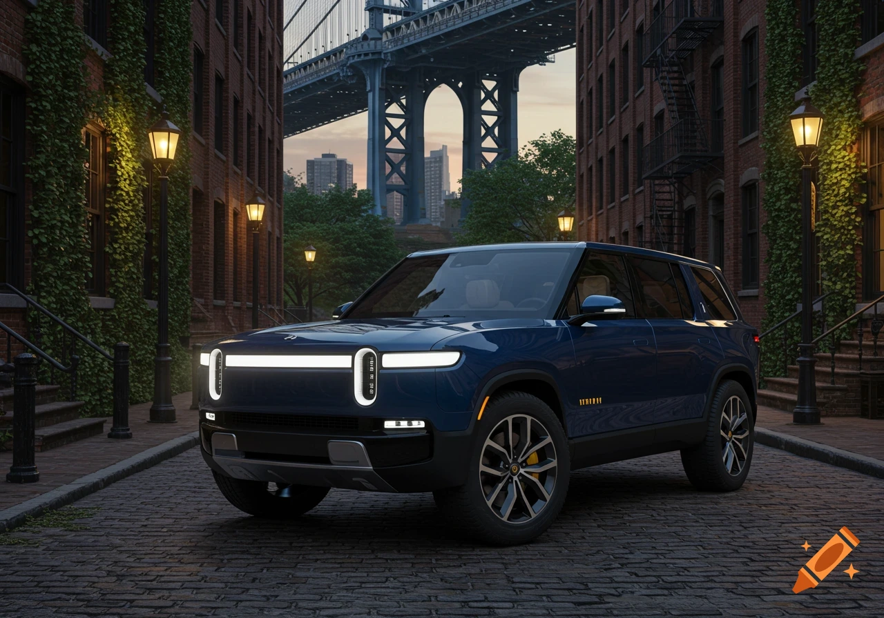 A blue Rivian R1 electric SUV parked on a cobblestone street in a city ...