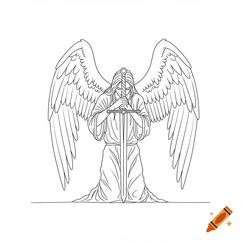 Line art drawing of an angelic woman looking into a mirror, seeing a ...