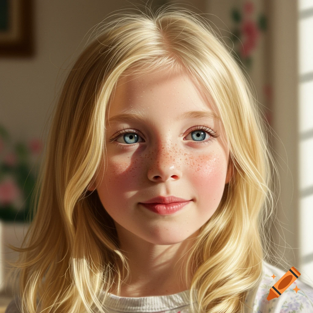 Close-up of a smiling blonde little girl with blue eyes, wearing pigtails with pink bows. on Craiyon