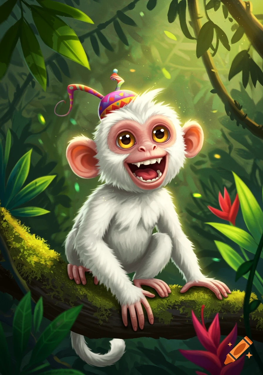 A whimsical monkey made of colorful candies in a vibrant jungle setting ...
