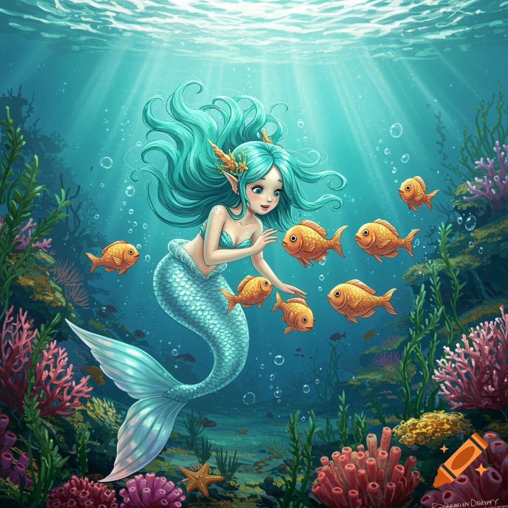 A mermaid swims above a sunken ship and an open treasure chest brimming ...