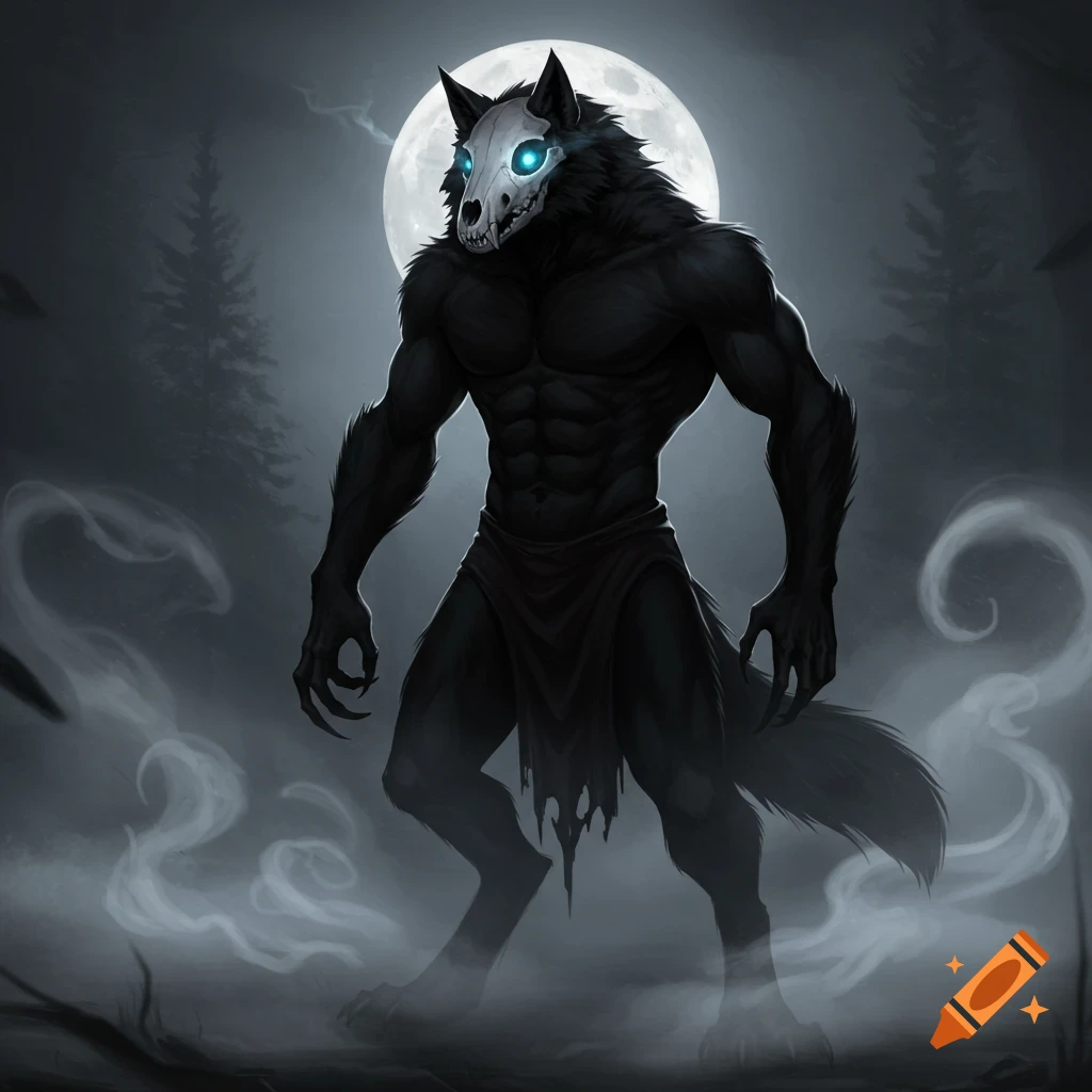A menacing wolf creature with red eyes and tattered clothes stands in a ...