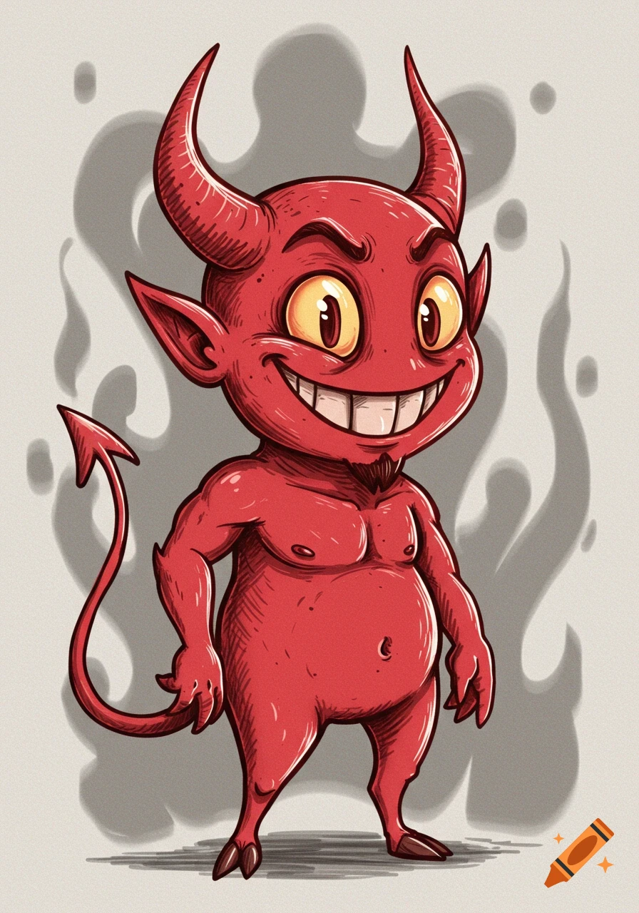 A cute, red chibi devil character with horns and a pointed tail ...