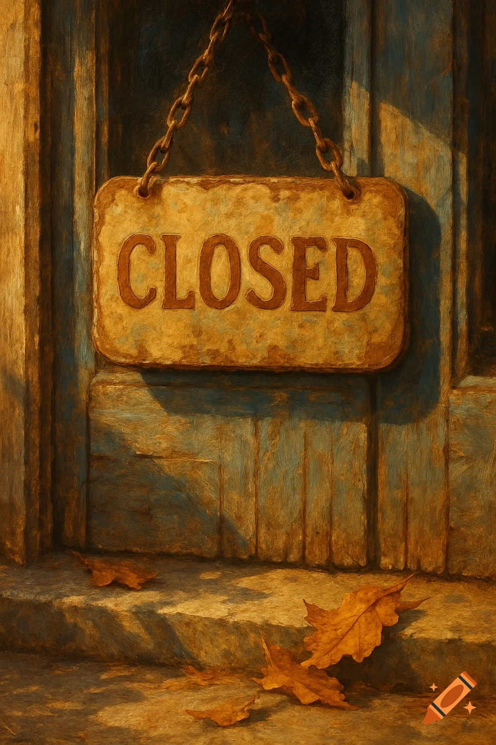 An aged wooden 'CLOSED' sign hangs by chains on a weathered blue door ...