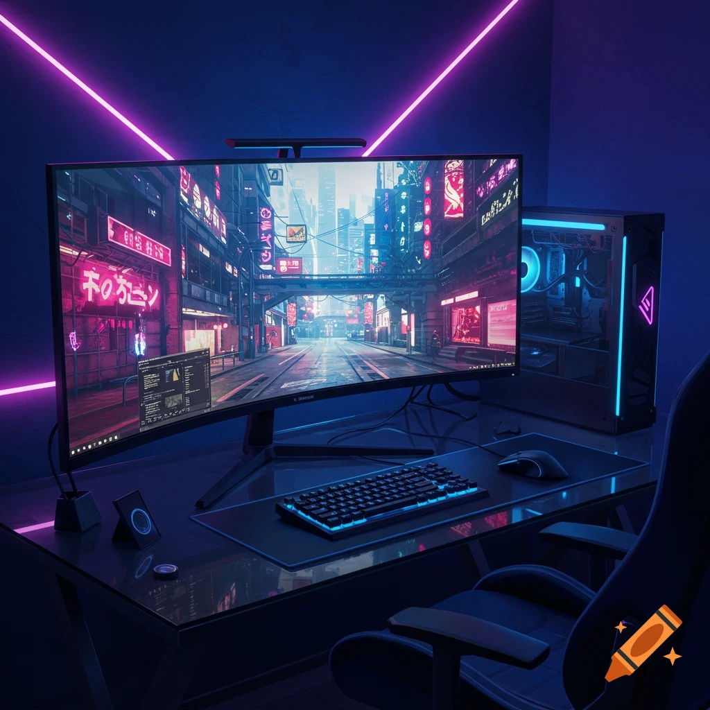 Cyberpunk desktop setup with glowing blue monitor, keyboard, and green-lit PC case, overlooking ...
